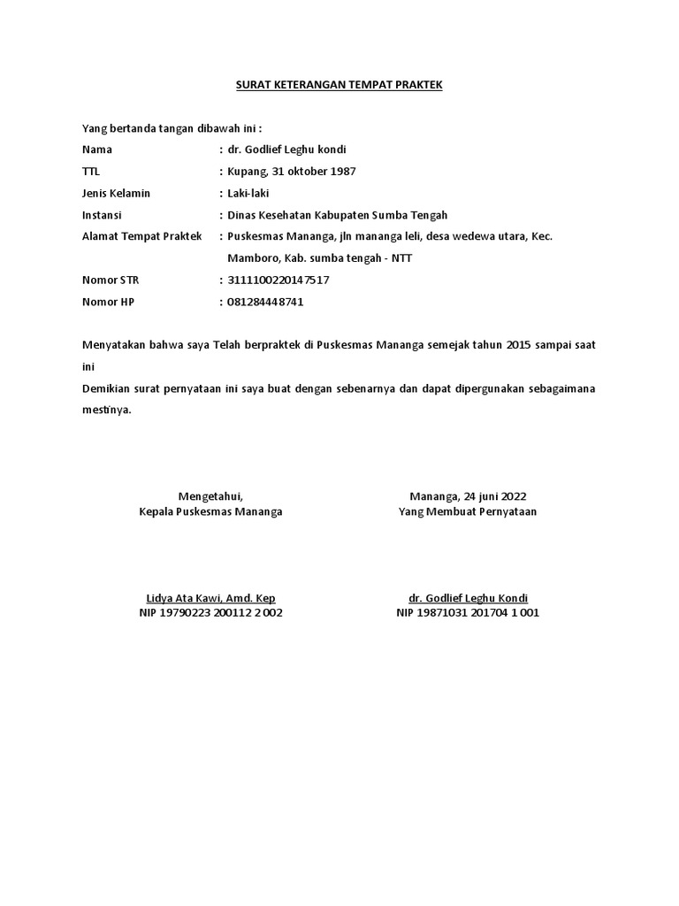 Surat Keterangan Tempat Praktek | PDF
