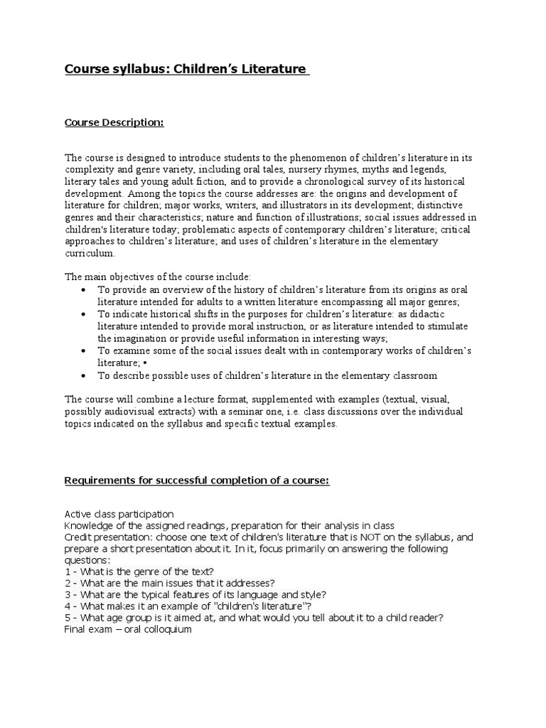 Syllabus Childrens Literature | PDF | Children's Literature