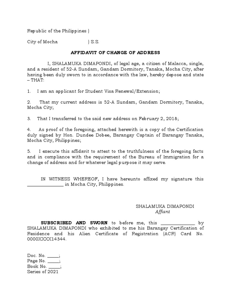 Affidavit of Change of Address For Visa Extension or Renewal | PDF