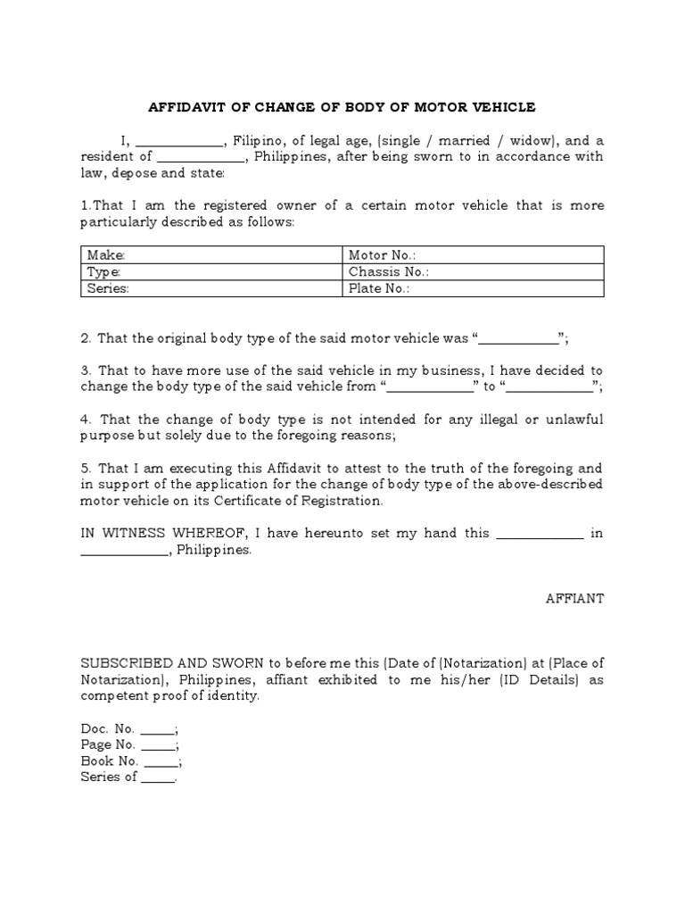 Affidavit for Motor Vehicle Body Change | PDF