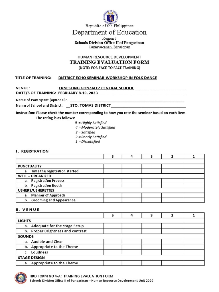 4 2020 HRD Form No 4 A Training Evaluation Form For Face To Face | PDF ...