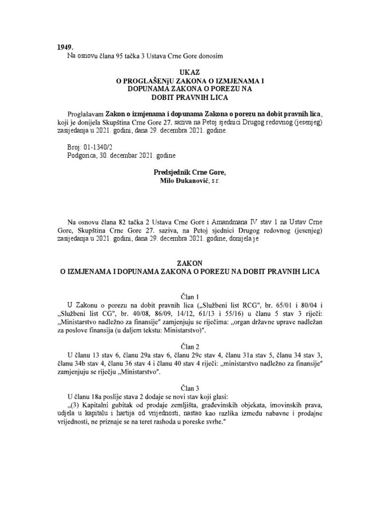 Zakon o Izmjenama I Dopunama Zakona o Porezu Na Dobit Pravnih Lica | PDF