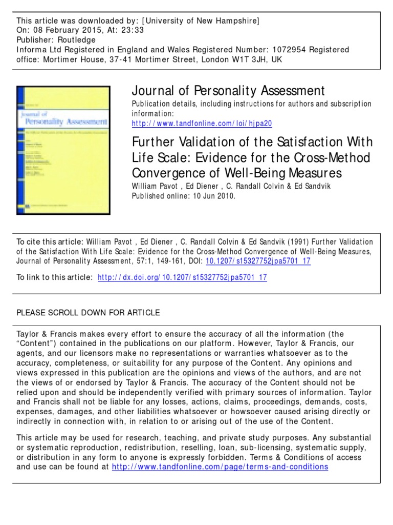 Further Validation Of The Satisfaction With Life Scale Evidence For