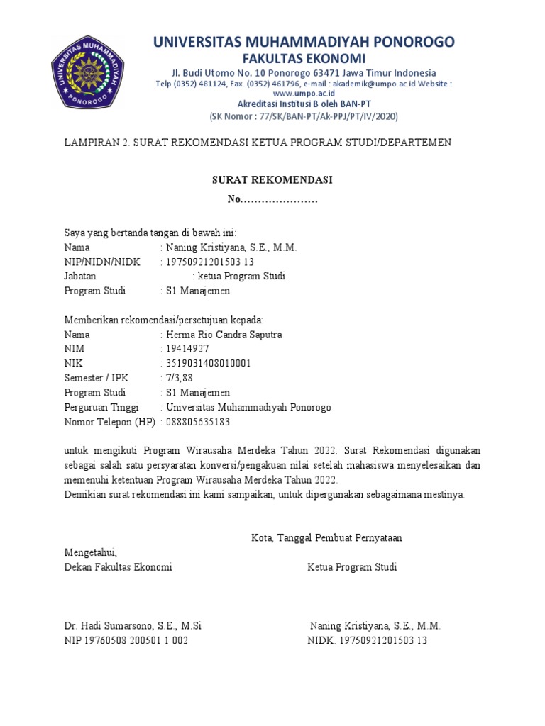 Surat Rekomendasi Program Studi S1 Manajemen | PDF | Bisnis
