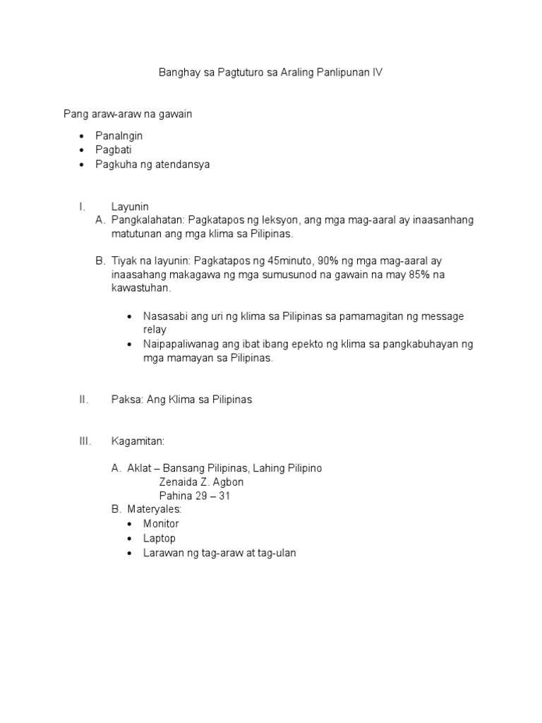 Banghay Sa Pagtuturo Sa Araling Panlipunan IV | PDF