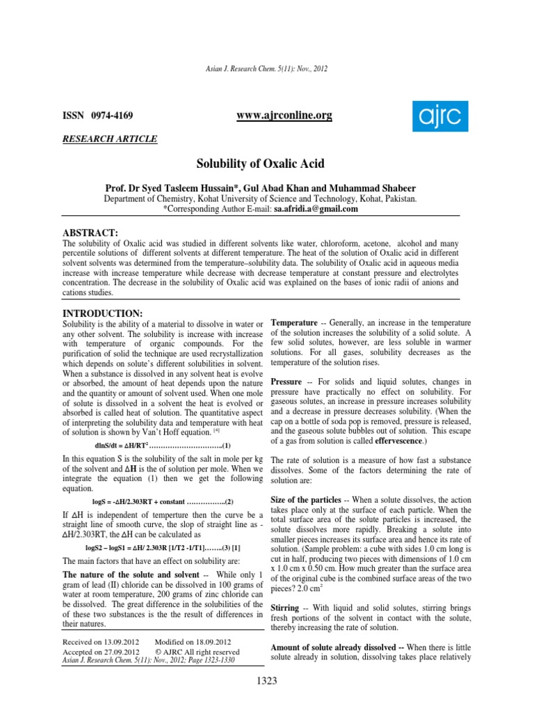 Solubility of Acid Oxalic in Water | PDF | Solubility | Solvent