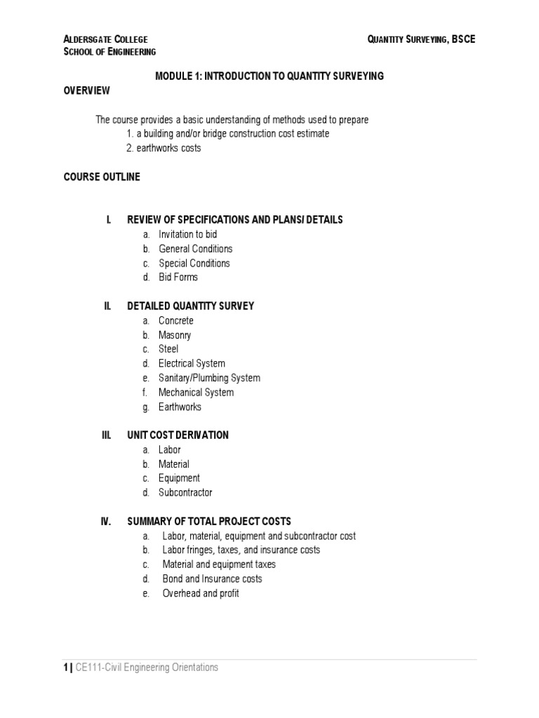 Module 1: Introduction to Quantity Surveying - An Overview of the ... Module 1: Introduction to Quantity Surveying - An Overview of the ...