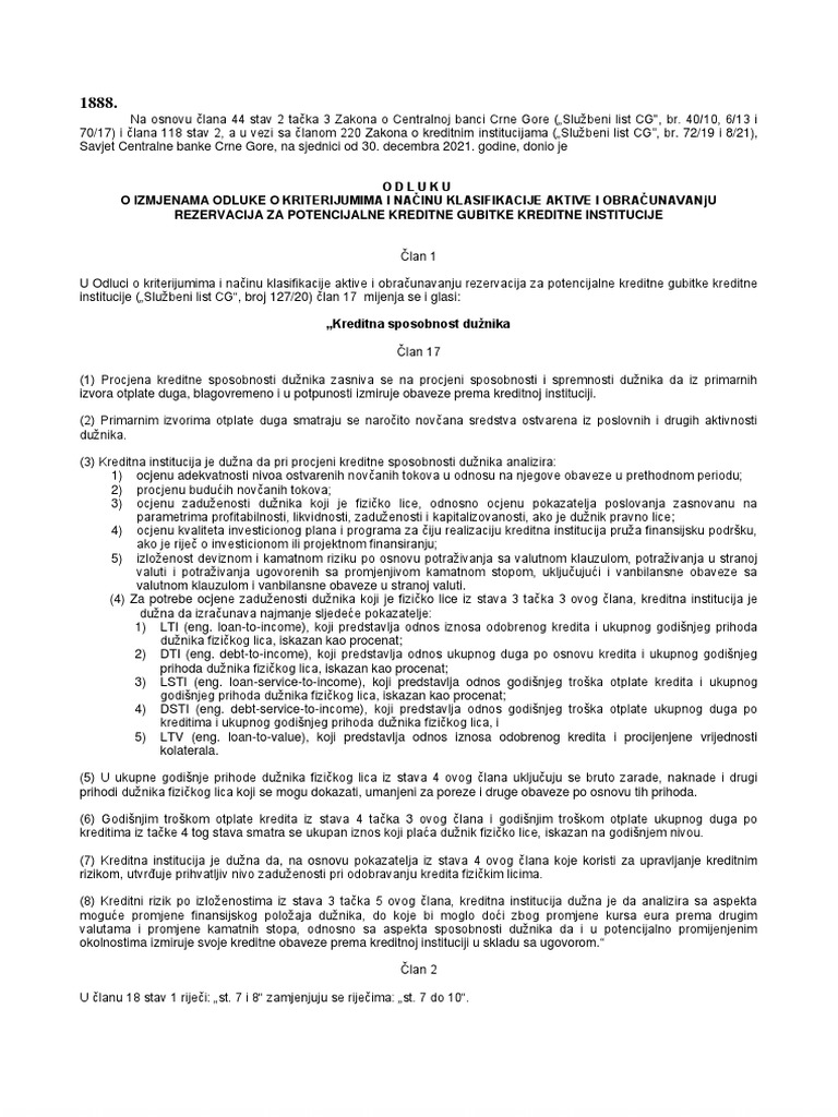 Odluka o Izmjenama Odluke o Kriterijumima I Načinu Klasifikacije Aktive I Obračunavanju ...