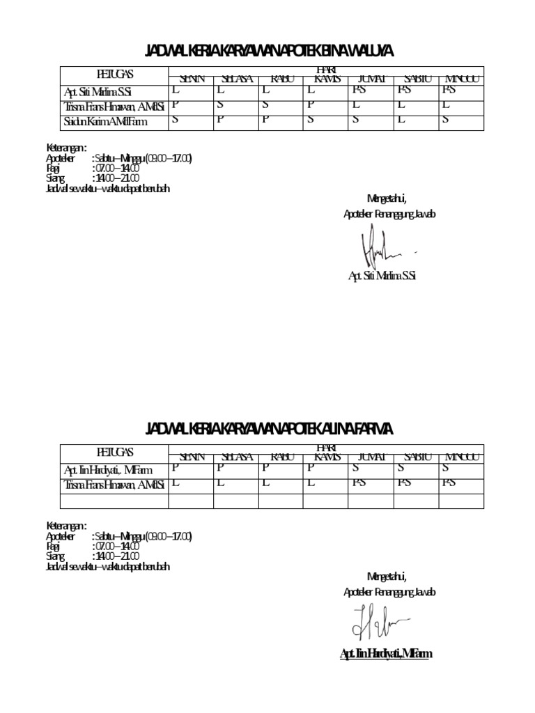 JADWAL KERJA Apotek | PDF