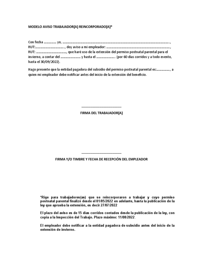 Formato Carta Aviso Extensión de Postnatal Parental | PDF