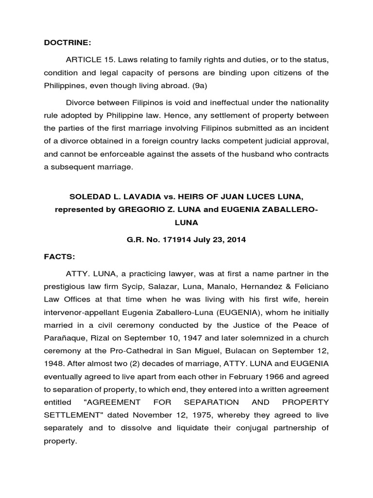 SOLEDAD L. LAVADIA vs. HEIRS OF JUAN LUCES LUNA | PDF | Annulment ...