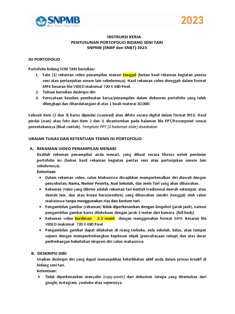 Seni Tari Portofolio Instruksi | PDF