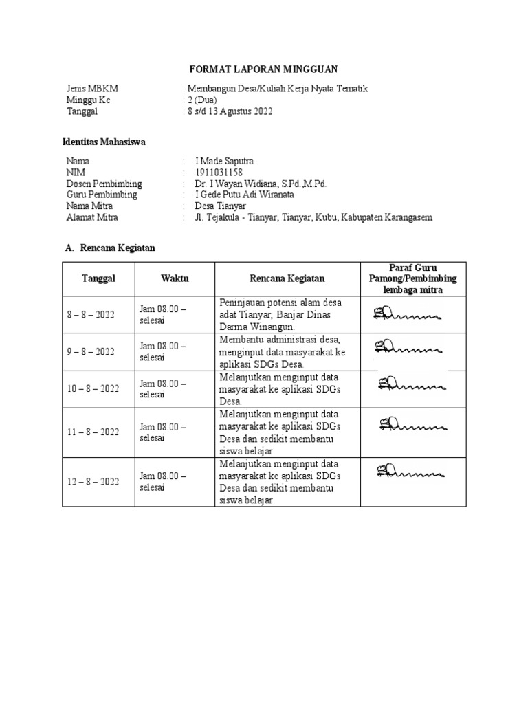 Format Laporan Mingguan | PDF