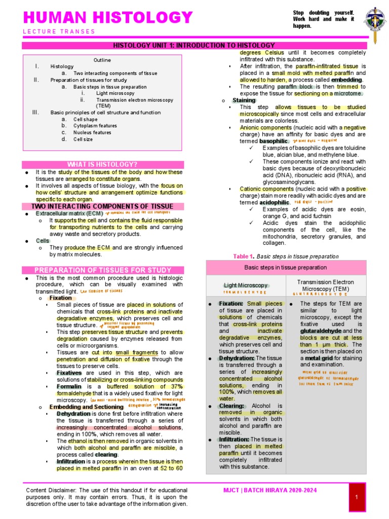 MLS - HISTOLOGY Lec - M1-UNIT1 (Introduction To Histology) | PDF | Cell ...