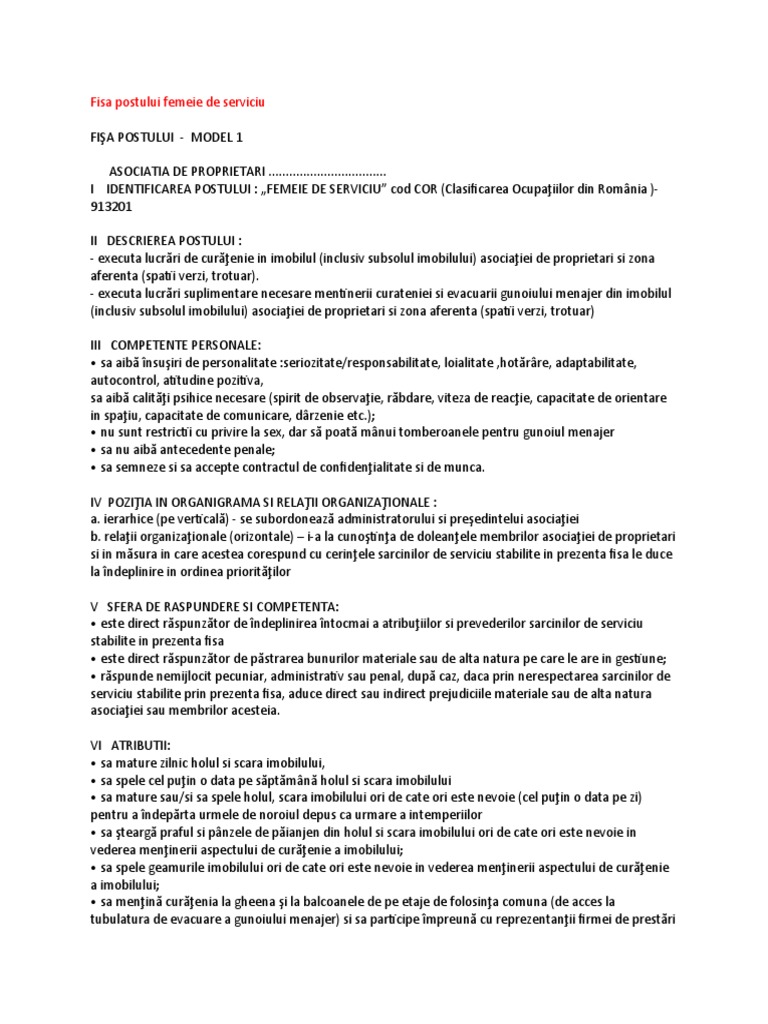 Fisa Postului Femeie de Serviciu | PDF