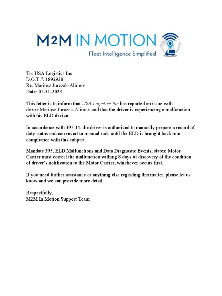 Authorization for Driver Mariusz Jurczak-Alimov to Manually Log Hours of Service Due to ELD ...