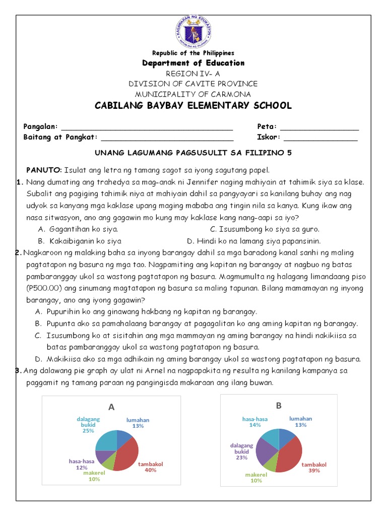 Revised Unang Lagumang Pagsusulit Sa Filipino 5 | PDF