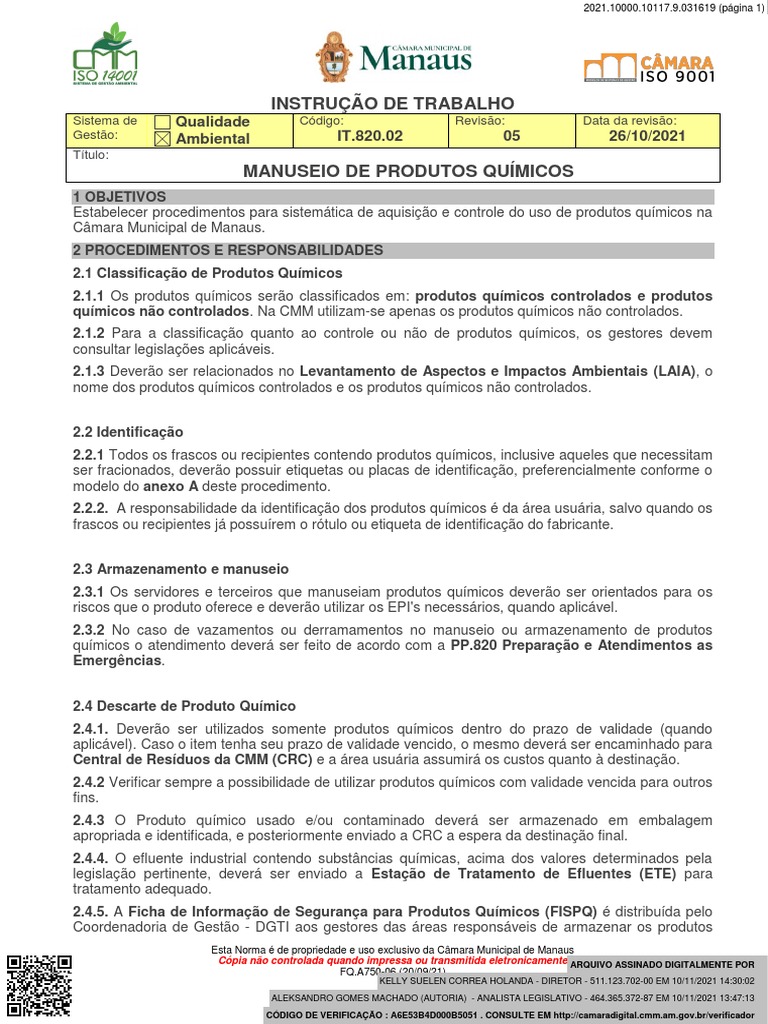 Manuseio Seguro de Produtos Químicos | PDF | Química