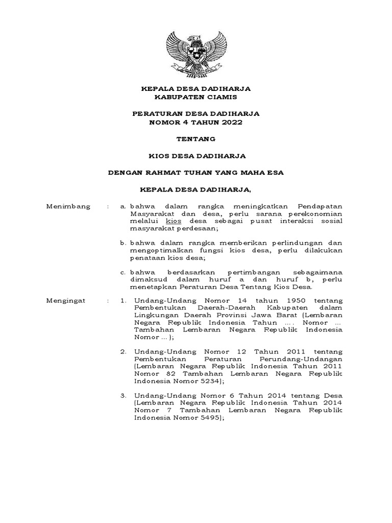 Contoh DRAFT PERDES KIOS DESA | PDF