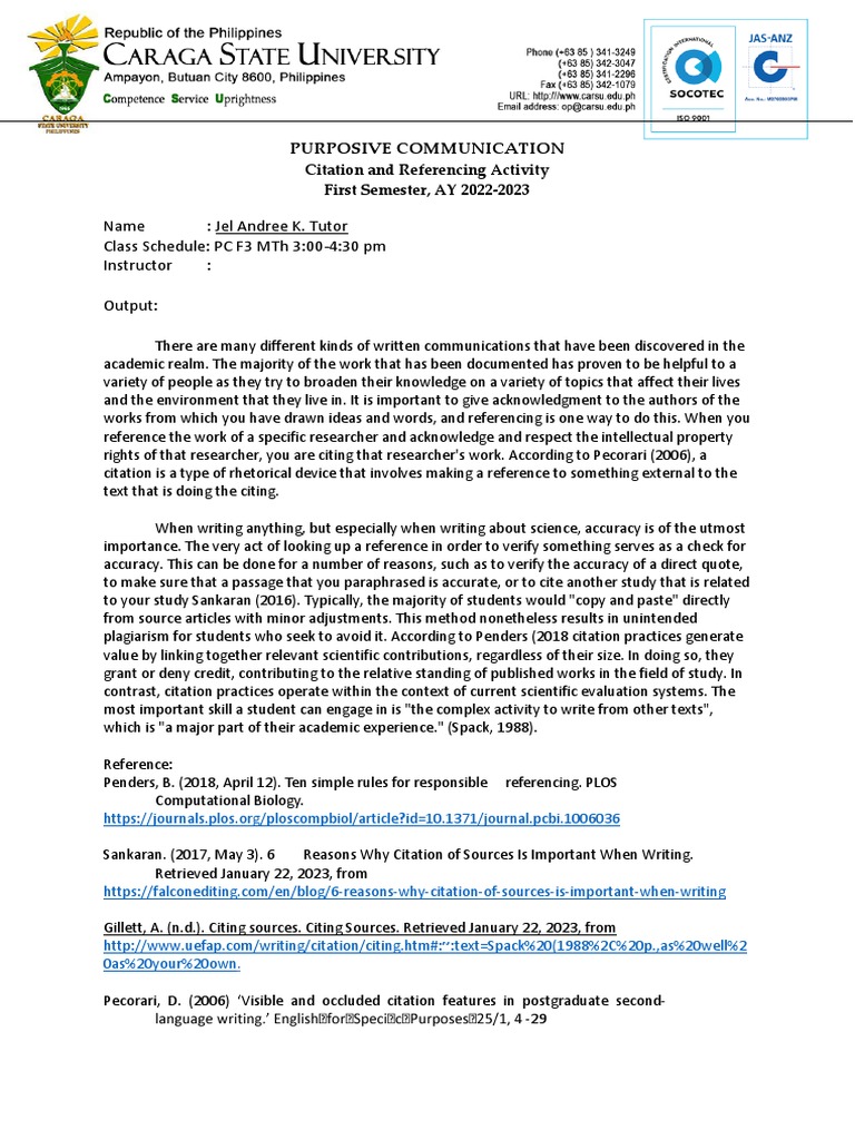 PC (Week 15 Citation and Referencing Activity) TUTOR | PDF | Citation | Accuracy And Precision