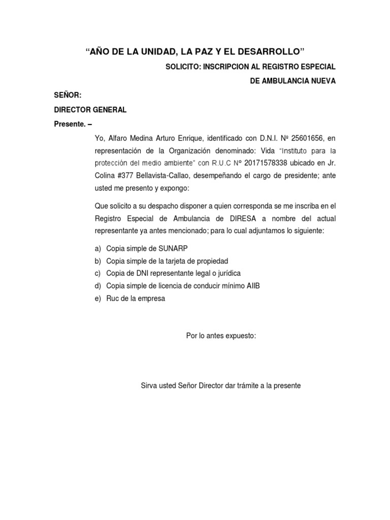 Solicitud de inscripción de ambulancia en el Registro Especial de DIRESA | PDF | Control de ...