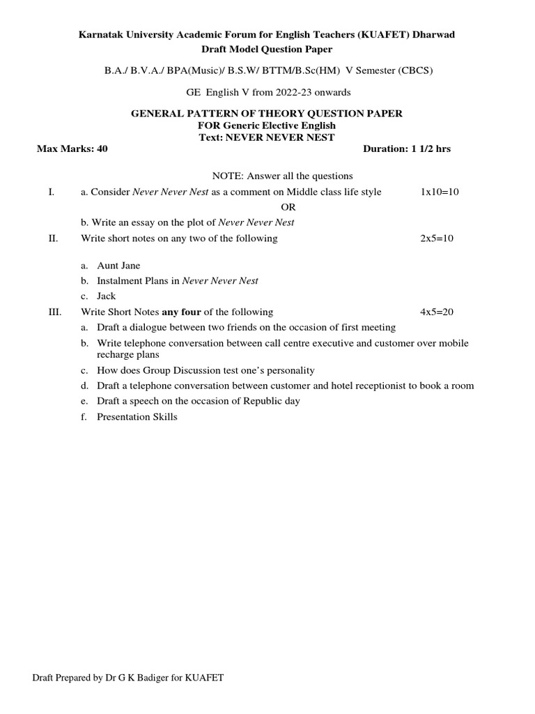 Model Question Papers of V Sem CBCS GE and SEC For 2022-23 | PDF | Language Arts & Discipline