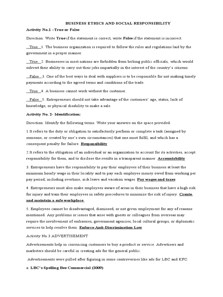 BUSINESS ETHICS AND SOCIAL RESPONSIBILITY-Answer | PDF | Employment ...