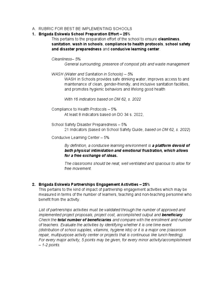Rubrics For Best Be Implementing Schools | PDF | Wash | Sanitation