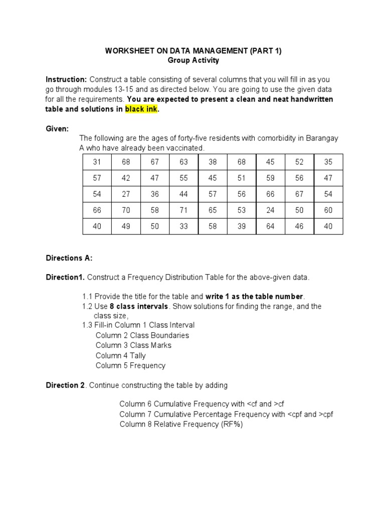 Data Management Worksheet Part 1 | PDF