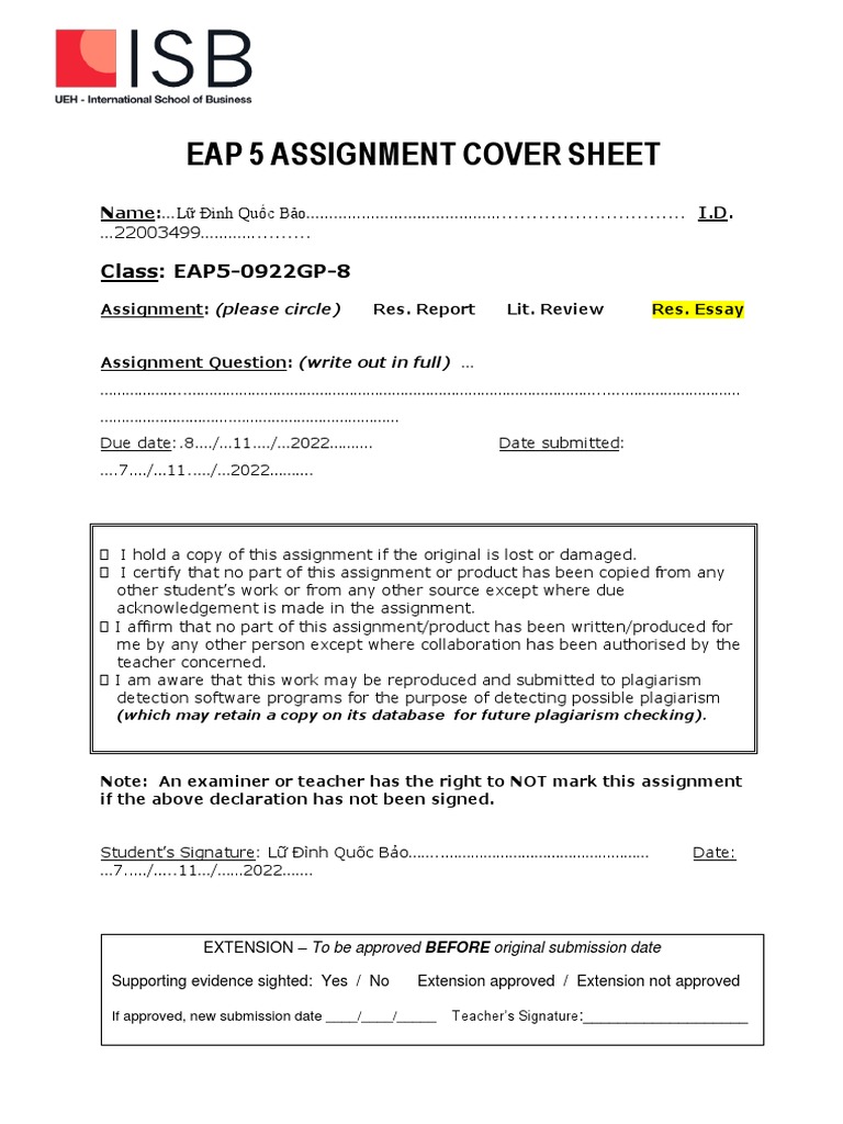 EAP 5 Assignment Cover Sheet | PDF