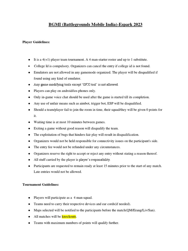 BGMI Espark 2023 Tournament Rules | PDF