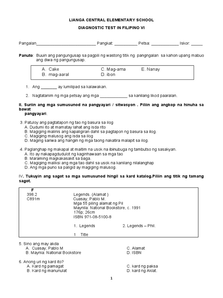 Diagnostic Test Filipino 6 IDD2 | PDF