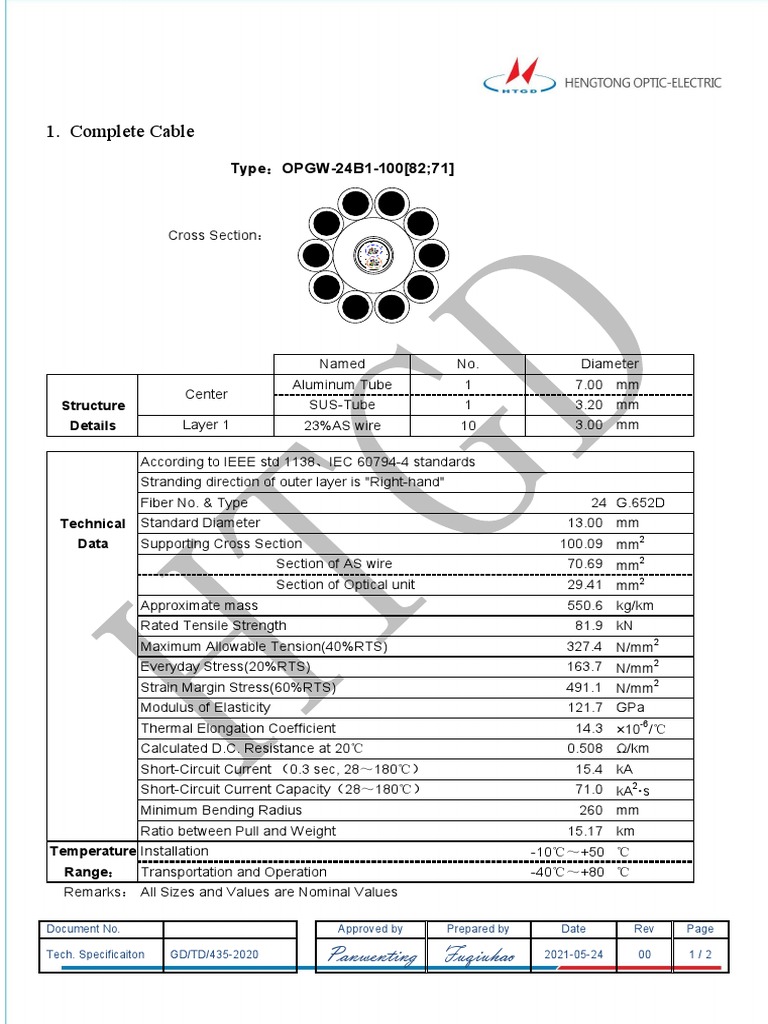 Technical Specification For GD TC435077 2021 OPGW 24B1 100 (82 71) | PDF | Optical Fiber ...