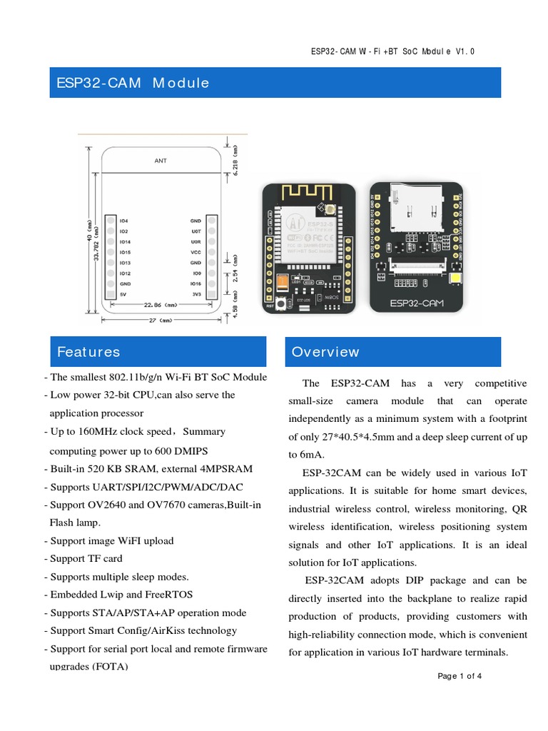 Esp32 Cam Board Specs | PDF | Bluetooth | System On A Chip