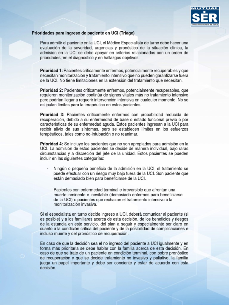 Prioridades para Ingreso de Paciente en UCI y Criterios de Ingreso Por ... Prioridades para Ingreso de Paciente en UCI y Criterios de Ingreso Por ...