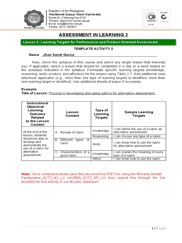 Template Activity 2 Module 1 Lesson 2 | PDF | Rubric (Academic) | Learning