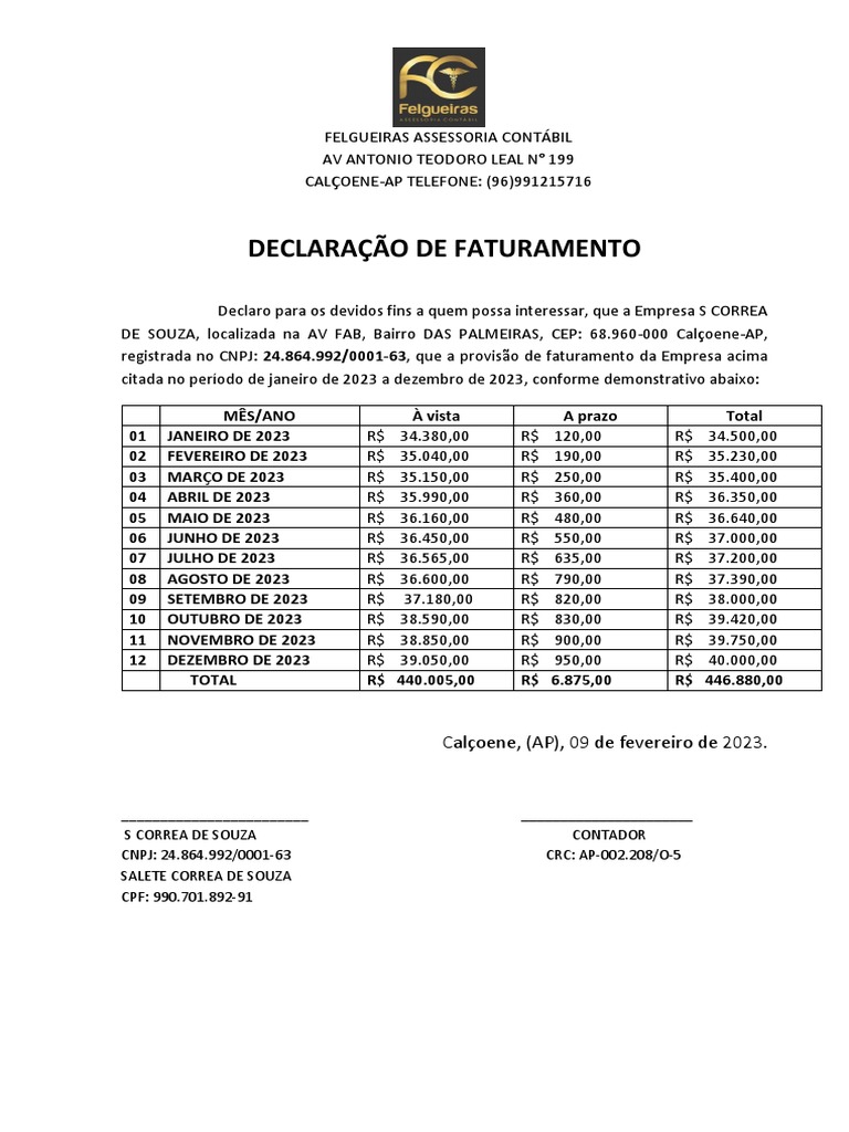 Declaração de Faturamento 01 (Para Assinar) Ok | PDF