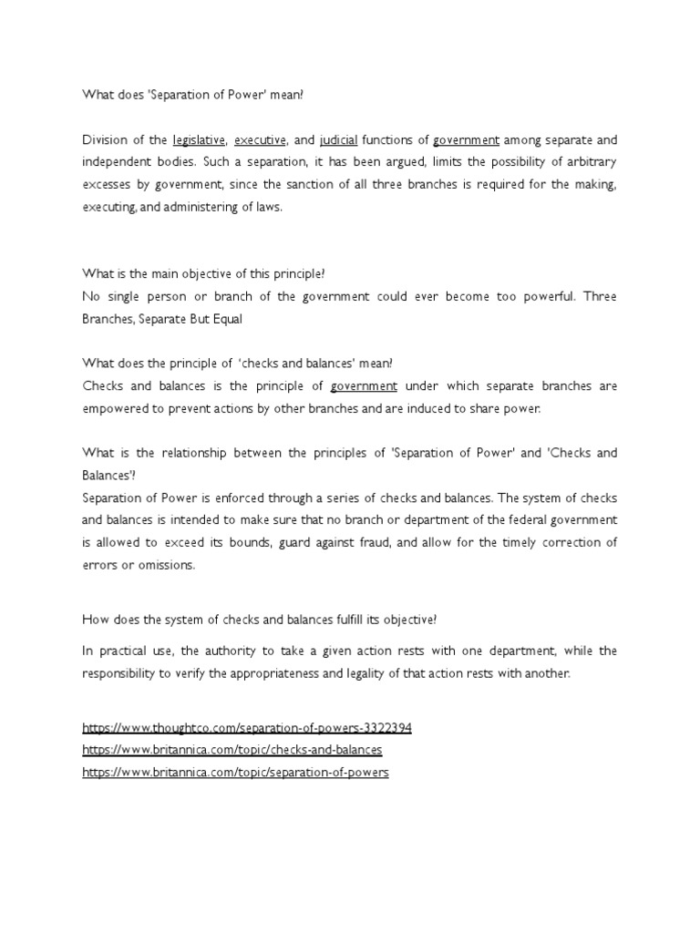 Notes On Separation of Power and Checks & Balances | PDF