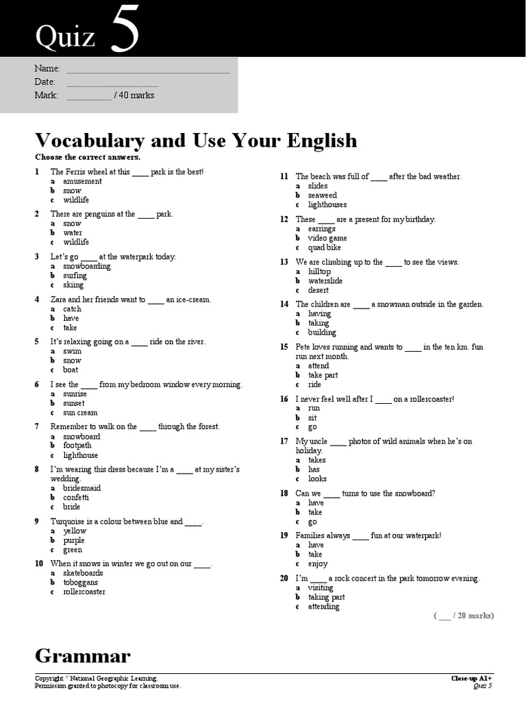 Close Up A1+ Quiz 5 | PDF