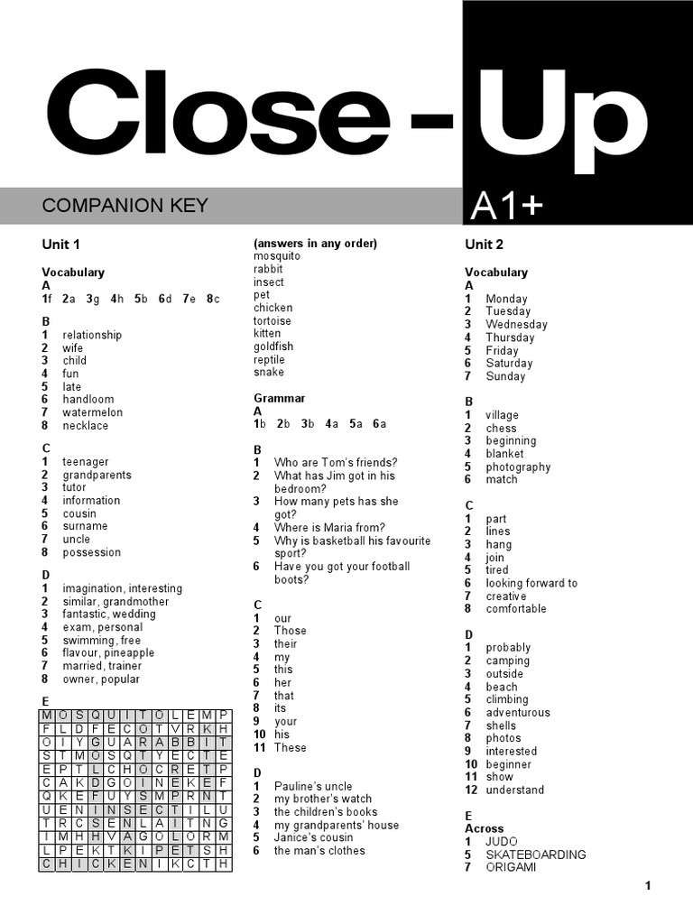 A1+ Companion Answer Key | PDF