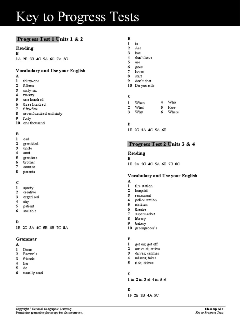 A1+ Progress Tests Key | PDF