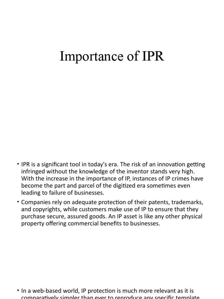 Importance of IPR | PDF | Intellectual Property | Patent Importance of IPR | PDF | Intellectual Property | Patent