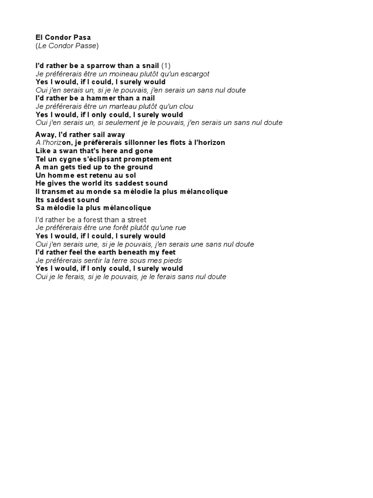 Paroles de "El Condor Pasa" en français | PDF | Art | Jeunes adultes