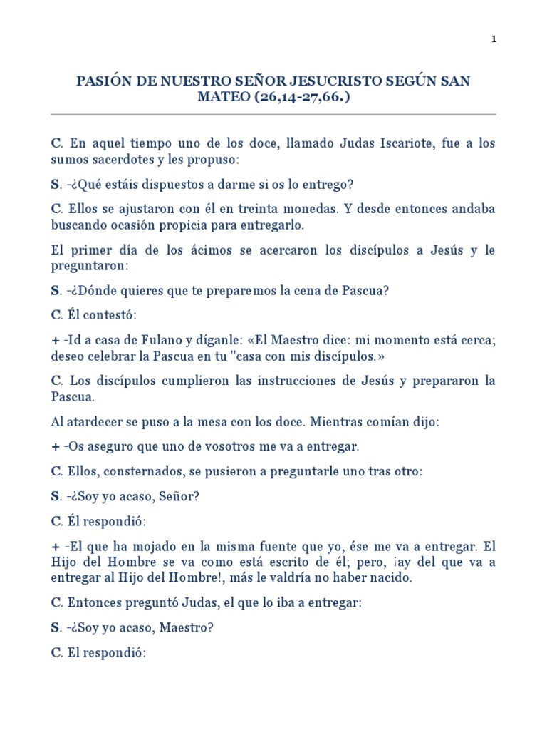 Pasión de Nuestro Señor Jesucristo Según San Mateo 26,14-27,66. | PDF ...