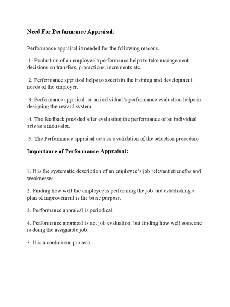 Need For Performance Appraisal | PDF