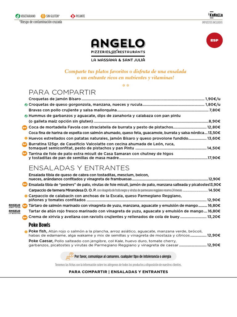 Menú de Angelo: Platos y Precios | PDF | Té | Pizza