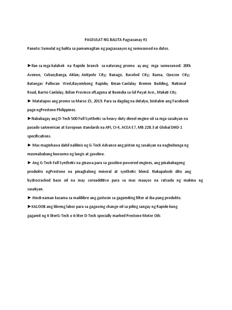 Pagsulat NG Balita Pagsasanay | PDF