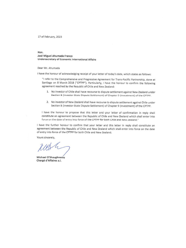 Side Letter Chile Nueva Zelandia 17 Febrero 2023 | PDF