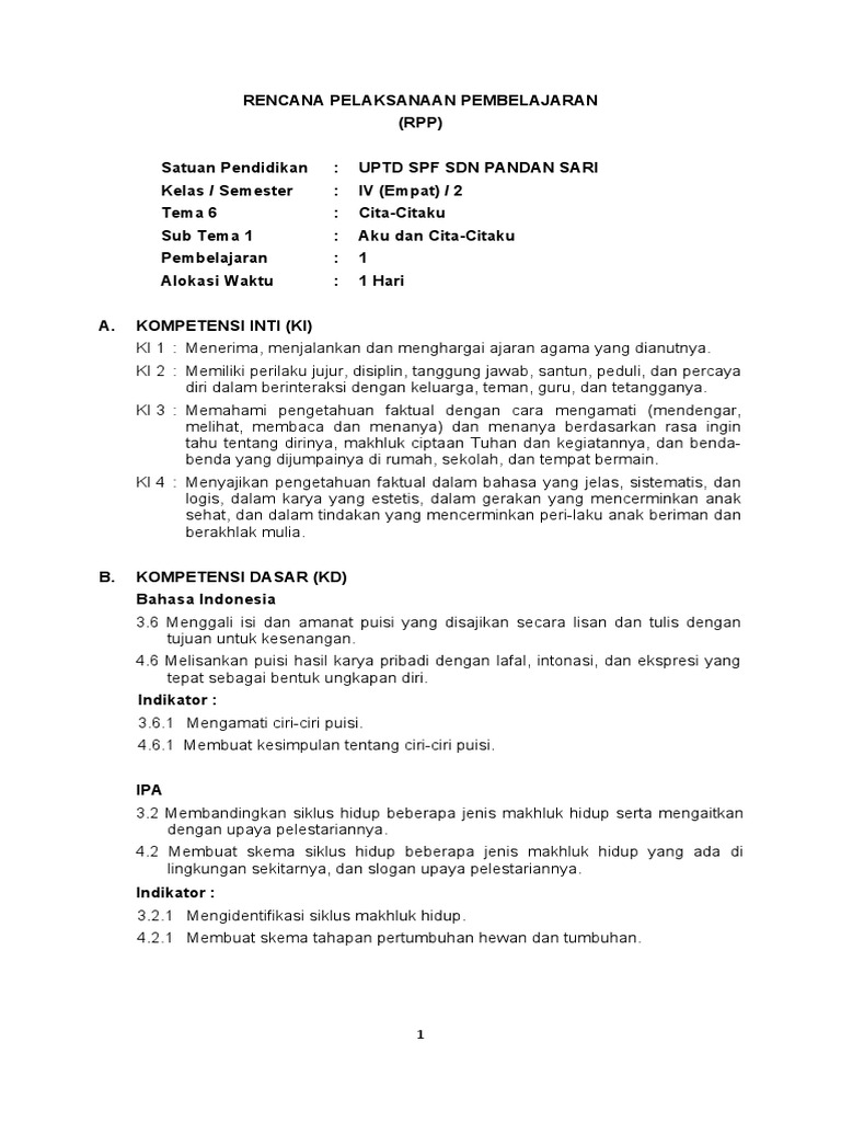 RPP Kelas 4 Semster 2 Tematik | PDF