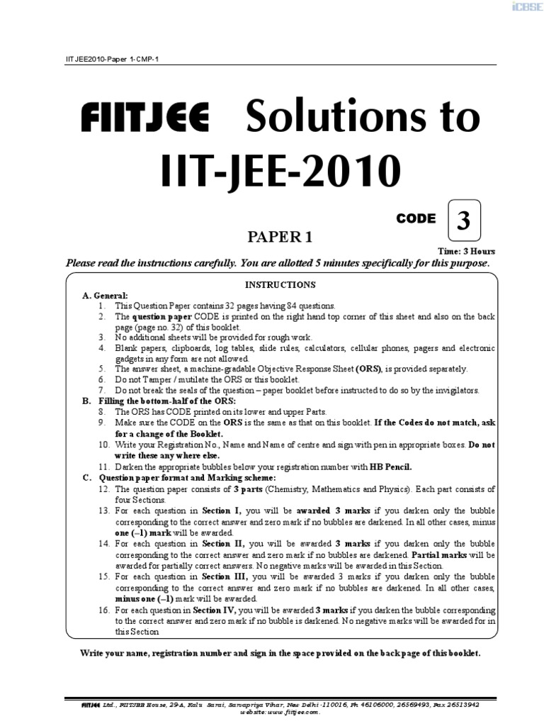 IIT JEE Question Paper 1 With Solutions FIITJEE 2010 | PDF | Copper ...
